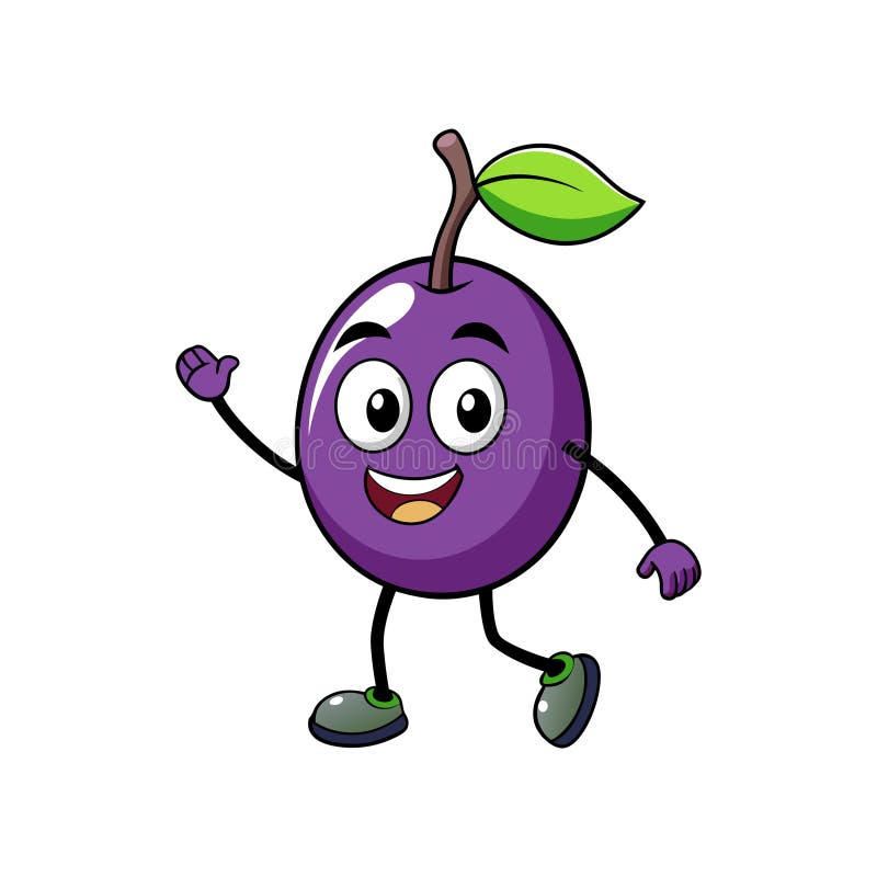 Cheerful Plum Cartoon Character Waving Hello on White Background Stock ...