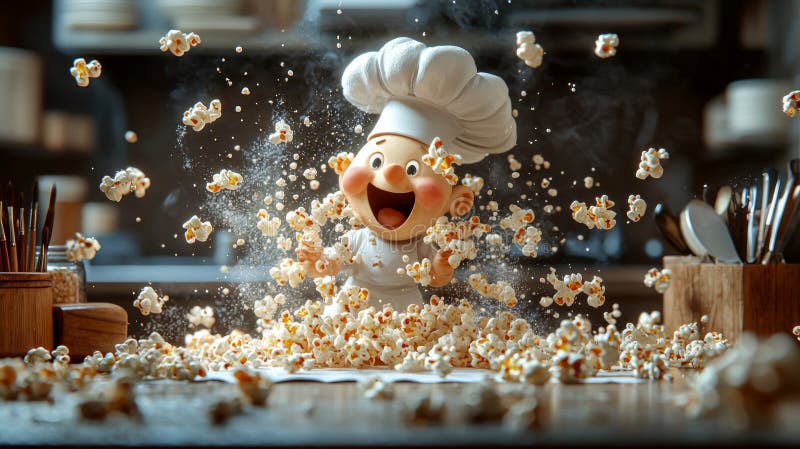 Cheerful Popcorn Kernel Dressed As Chef Uses Tools Create Whimsical ...