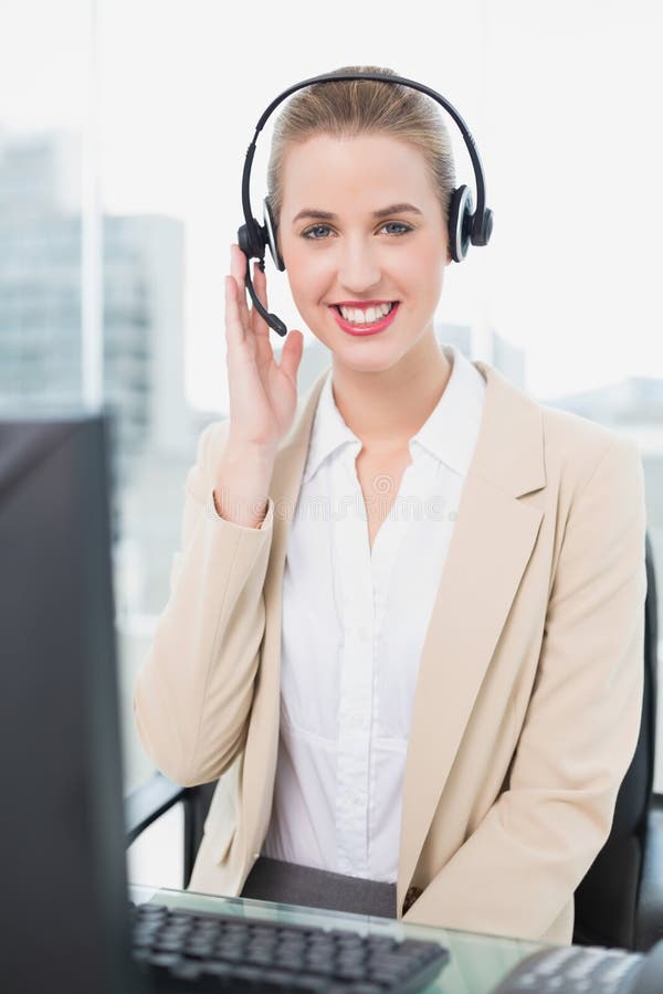 Cheerful Pretty Agent Wearing Headset Dealing with Customer Stock Photo ...