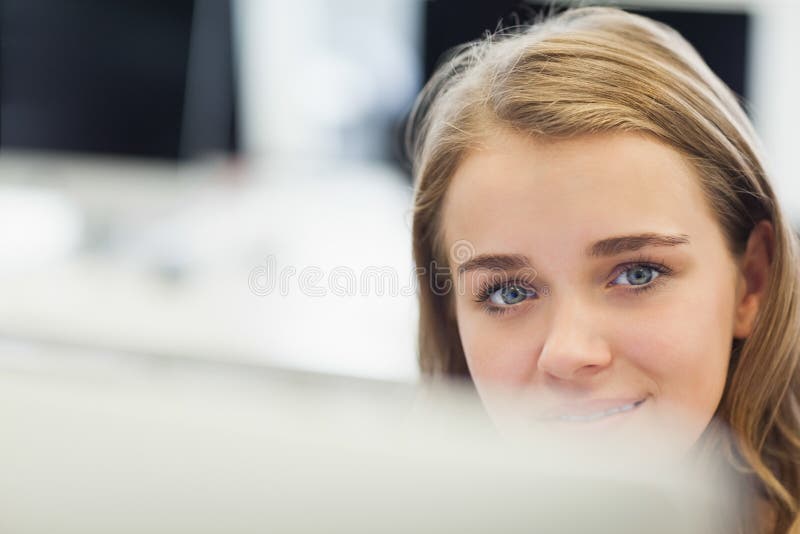 Cheerful Pretty Student Working on Computer Stock Photo - Image of ...