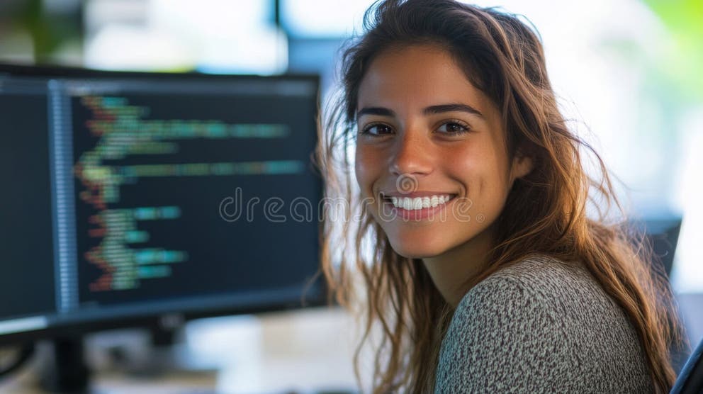 Cheerful Programmer with Dark Wavy Hair Coding on Dual Monitors in ...