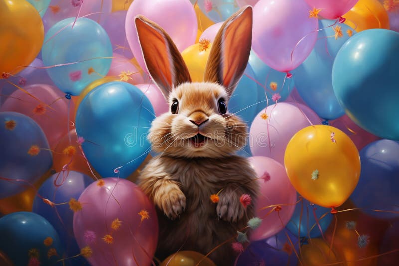 Cheerful Rabbit among Birthday Balloons. Ai Generative Stock ...
