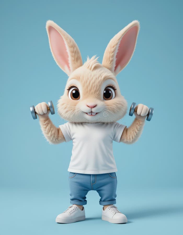 Rabbit Character Lifting Weights Against a Light Blue Background for ...