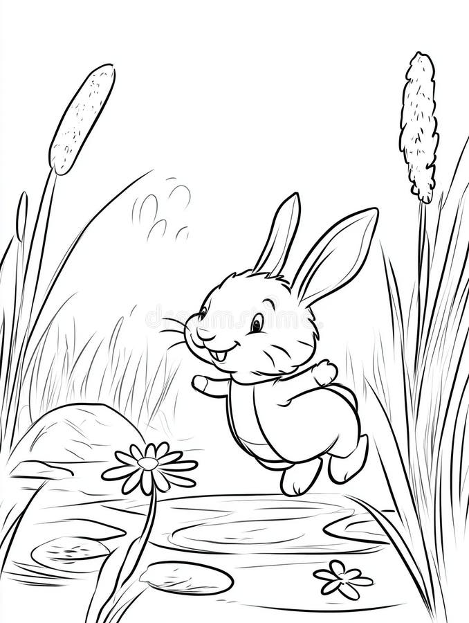 Cheerful Rabbit Hopping Over a Flower, Black-and-white for Coloring ...