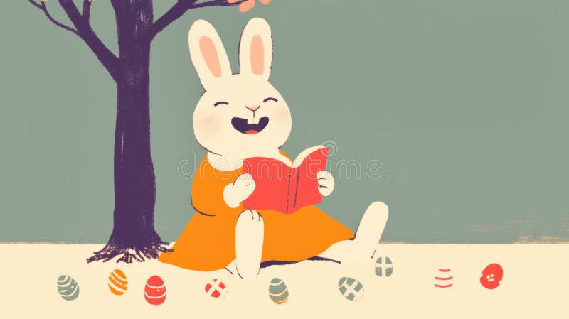 Cheerful Rabbit in Orange Dress Sits Under Tree, Reading Book Stock ...