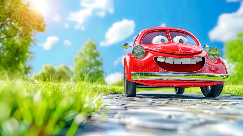 Cheerful Red Cartoon Car with Smiling Expression on Sunny Outdoor Path ...