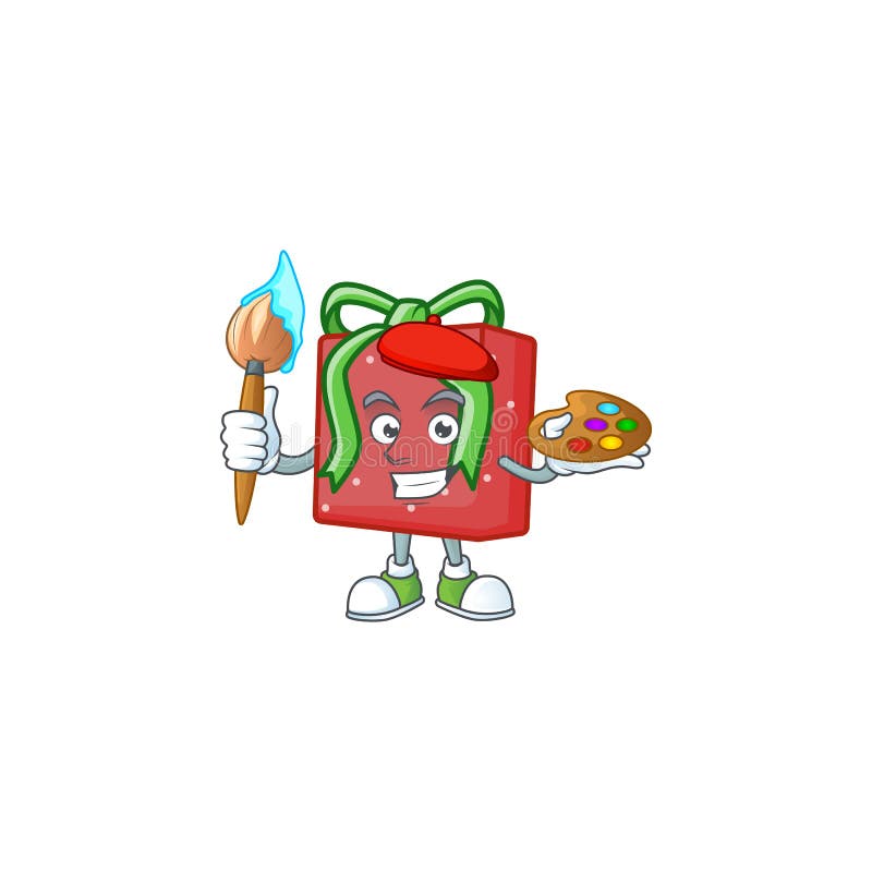 Cheerful Red Gift Box Painter Cartoon Character with Brush Stock Vector ...