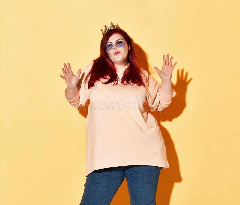 Happy Overweight Fat Woman Happy Hold Burger Cheeseburger Sandwich With