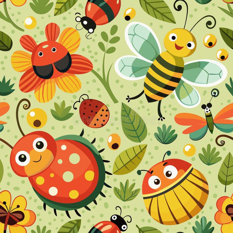 A Cheerful, Repeating Pattern of Cartoon Insects and Flowers Stock ...