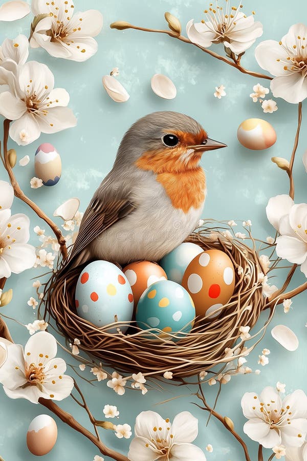 A Cheerful Robin Sits Protectively on a Nest Filled with Pastel Easter ...