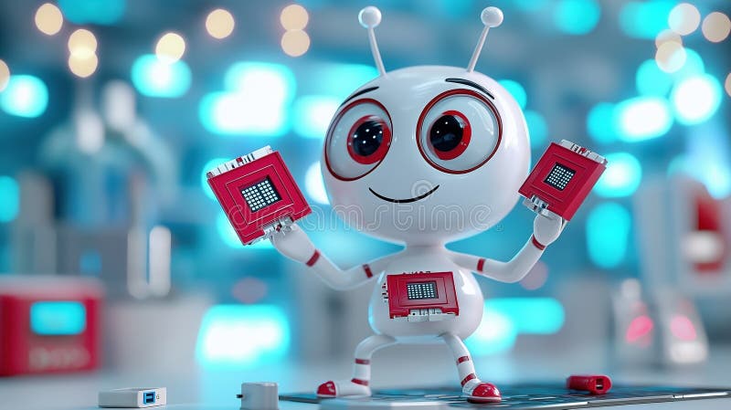 Cute Robot Character Holds Computer Chips in a Tech Lab Setting Stock ...