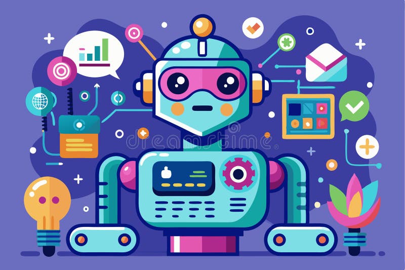 A Cheerful Robot with Interactive Features Stands Amidst Colorful Data ...