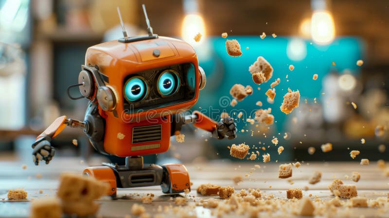 A Cheerful Robot Interacts with Crumbs, Concept of Breadcrumb ...