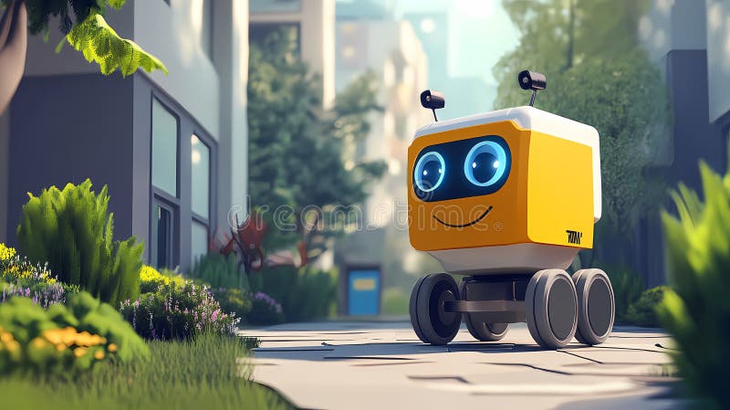 A Cheerful Robot with a Smiling Face Navigates a Modern Urban ...