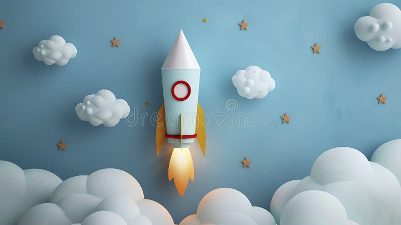 Cheerful Rocket Adventure in a Cartoon Sky. Stock Illustration ...