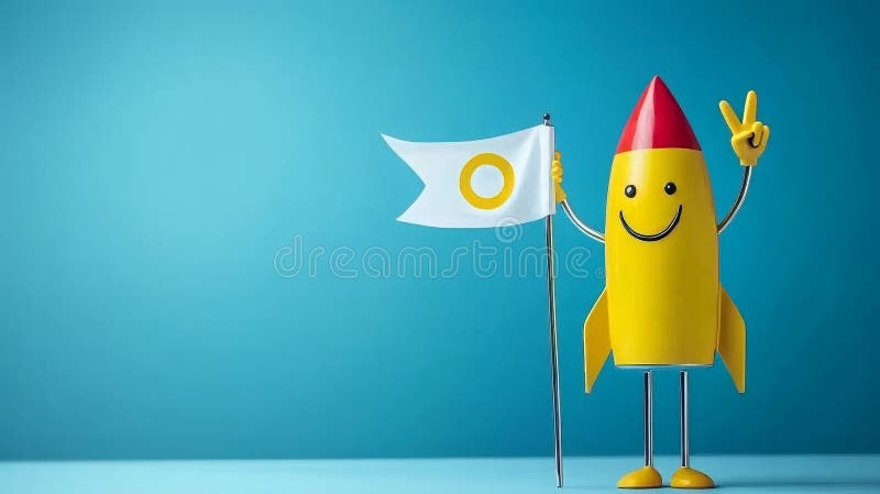 Cheerful Rocket Character Holding Flag with Peace Sign on Blue ...