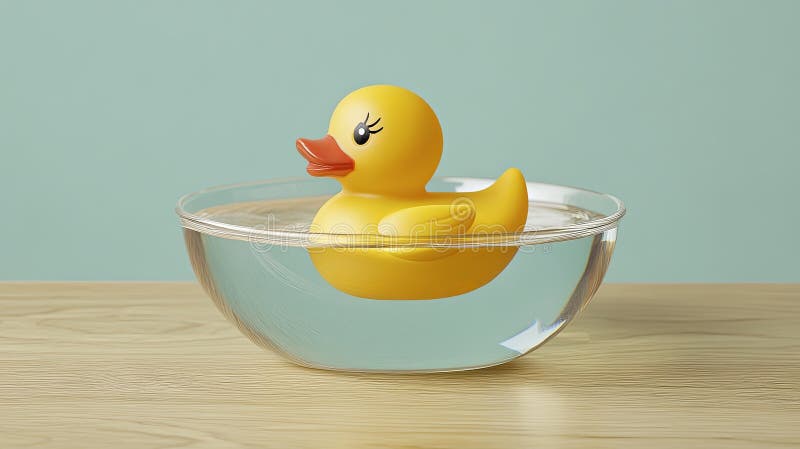 A Cheerful Rubber Duck Floating in a Clear Bowl of Water on a Light ...