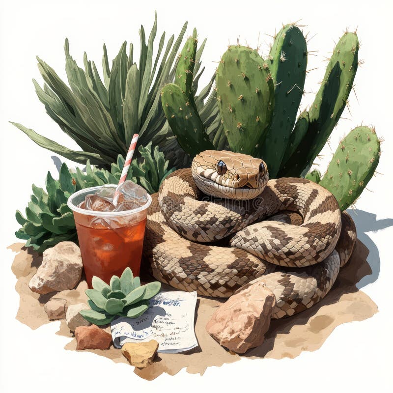 Laid-back Sand Snake Enjoys Iced Tea while Relaxing by a Cactus Garden ...