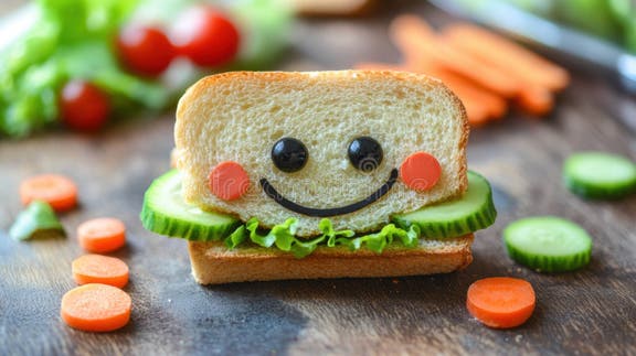 Cheerful Sandwich with Smiley Face Made from Vegetables and Bread Stock ...