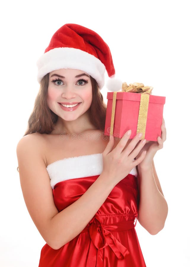 Cheerful Santa Helper Girl with a Gift Box. Stock Image - Image of ...