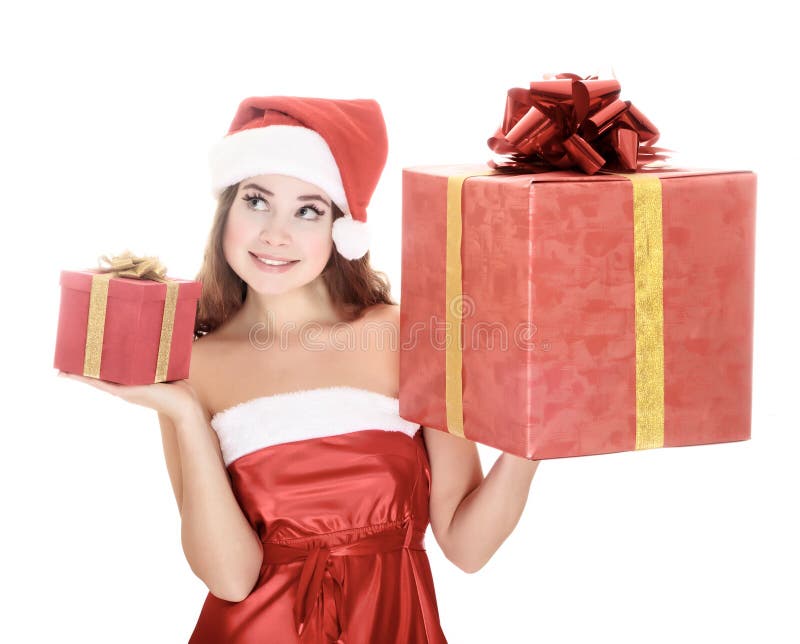 Cheerful Santa Helper Girl with Gift Boxes. Stock Photo - Image of ...