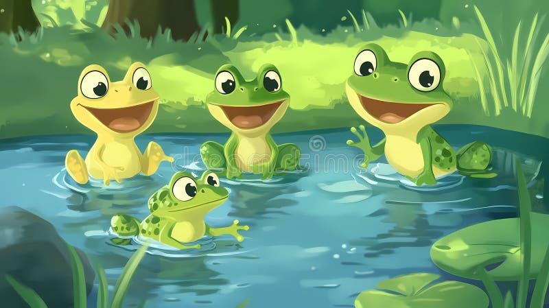 A Cheerful Scene of Four Cartoon Frogs Playing in a Pond Surrounded by ...