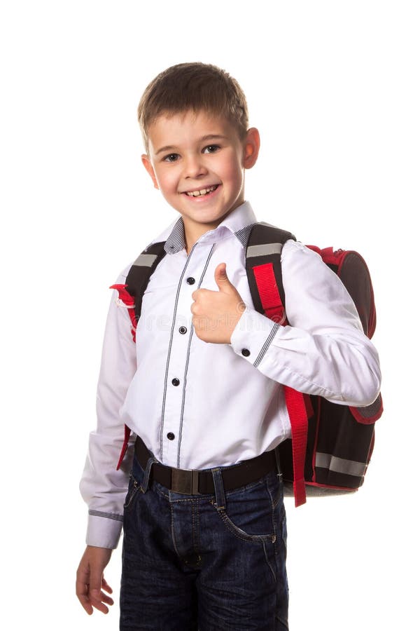 Cheerful School Boy with Backpack, with Thumb Up, Love Going To School ...