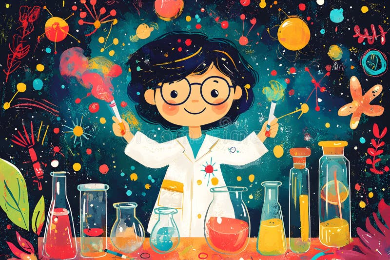 A Cheerful Scientist in a Lab Coat Conducts Experiments with Colorful ...