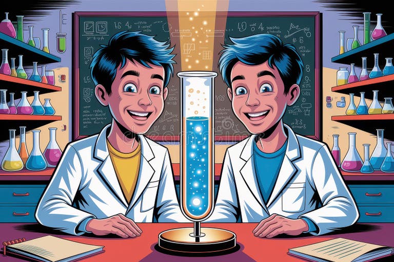 Cheerful Scientists Observing Glowing Experiment in Colorful Lab ...