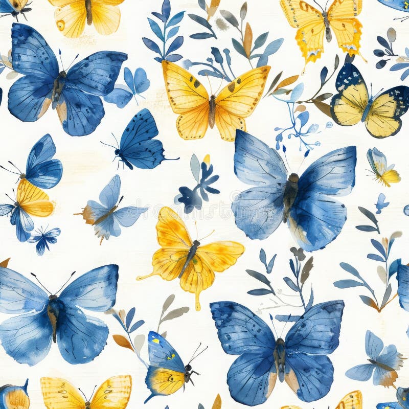Yellow and Blue Watercolour Butterflies Repeating Pattern on White ...
