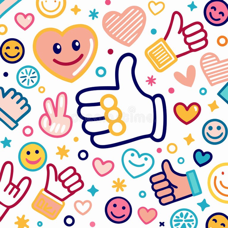 Cheerful Seamless Pattern with Hearts, Smiley Faces, and Thumbs Up ...
