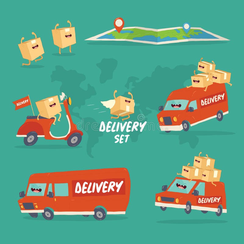 Cheerful Set of Delivery Services. Red Gamma. Vector Graphics Stock ...