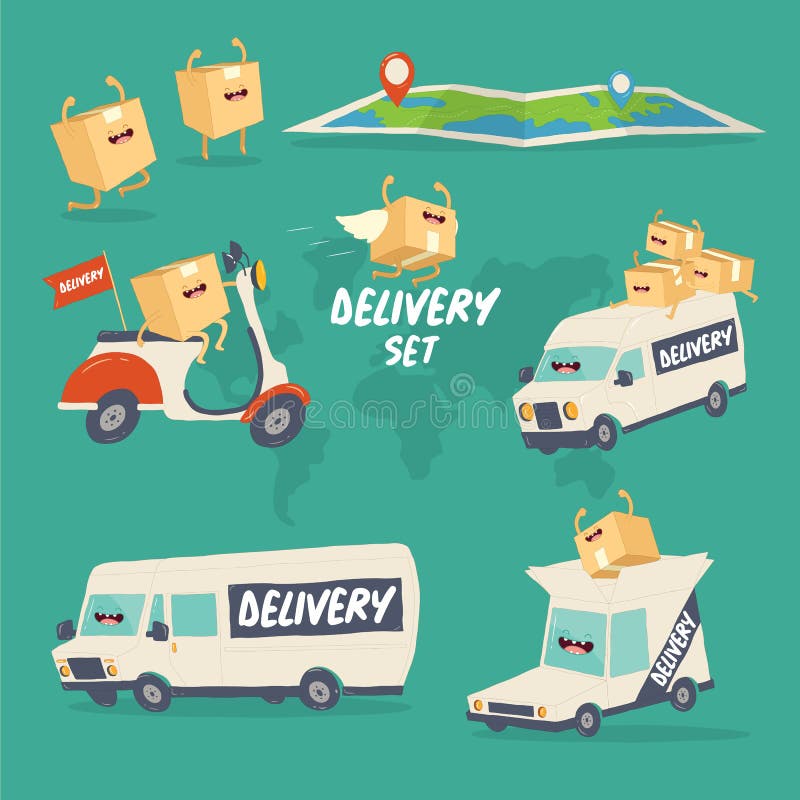 Cheerful Set of Delivery Services. Vector Graphics Stock Illustration ...