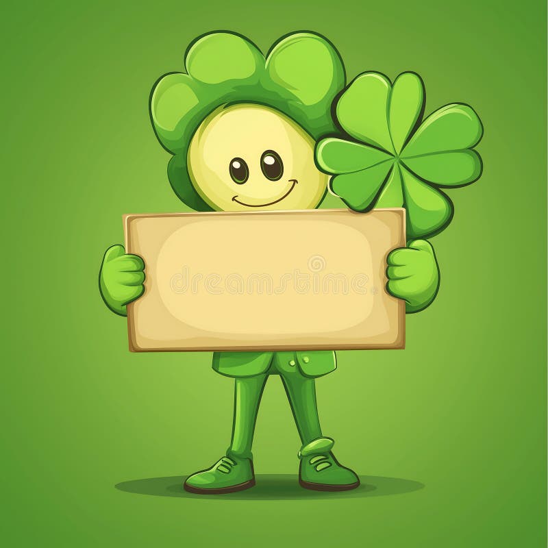 Cheerful Shamrock Character Holding a Blank Sign Stock Illustration ...