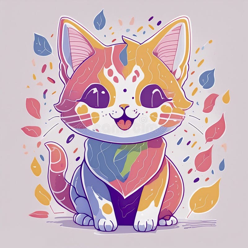 Happy Cat Drawing in Line Style with Many Colours Stock Illustration ...