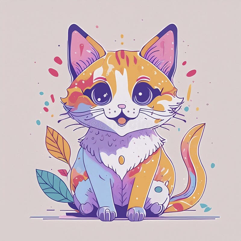 Happy Cat Drawing in Line Style with Many Colours Stock Illustration ...