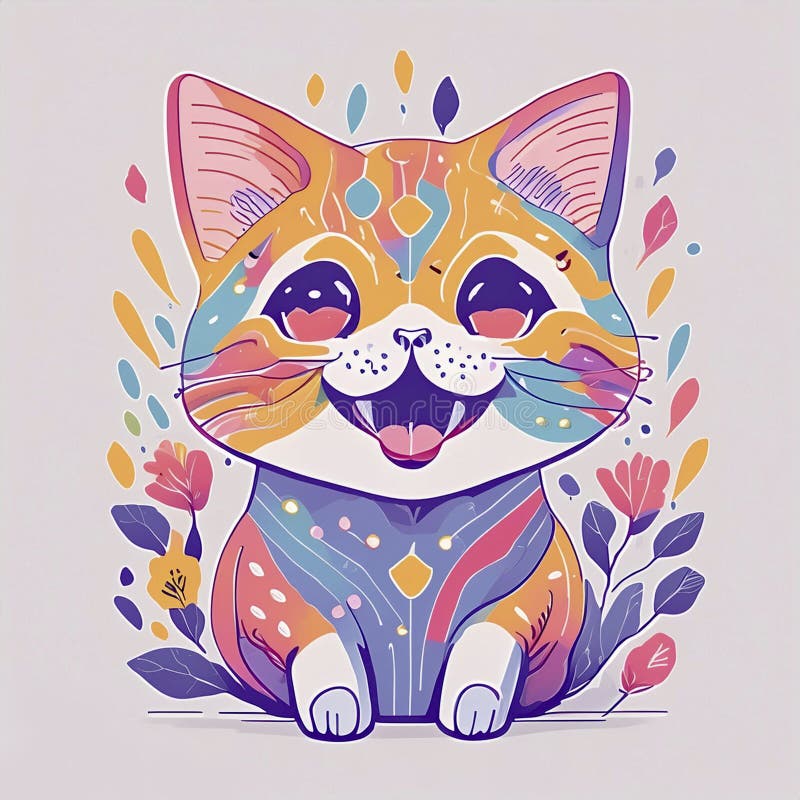 Happy Cat Drawing in Line Style with Many Colours Stock Illustration ...