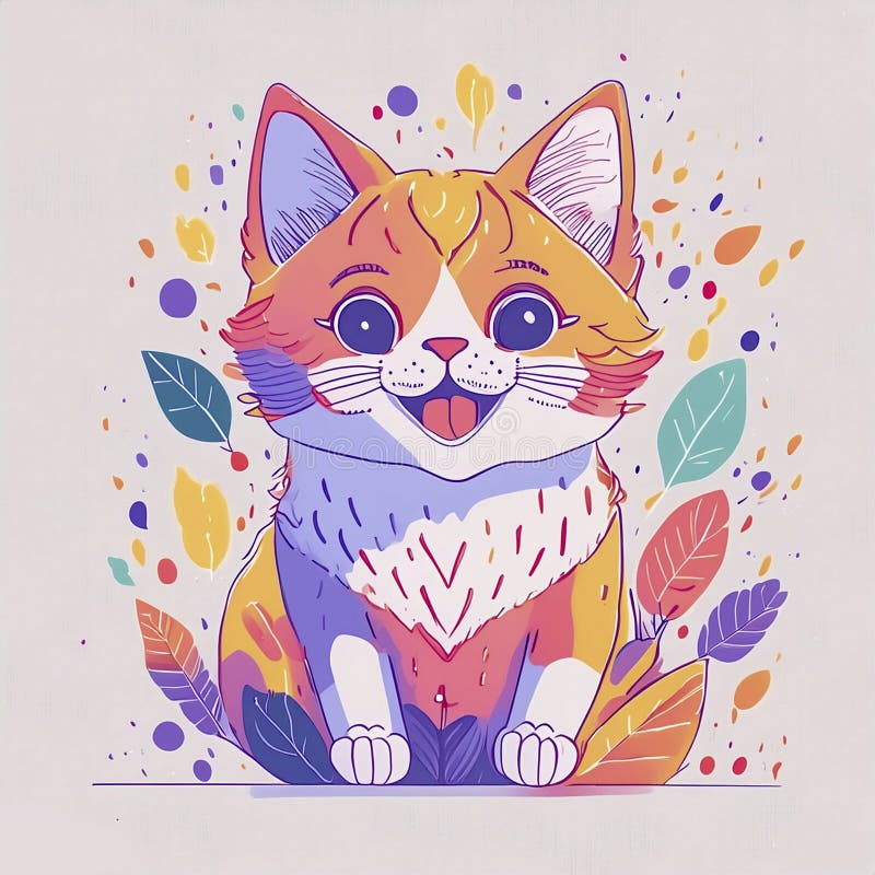 Happy Cat Drawing in Line Style with Many Colours Stock Illustration ...