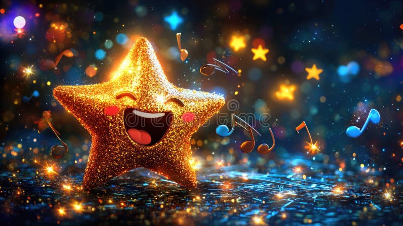 Cheerful Singing Star with Musical Notes in Sparkling Night Scene Stock ...