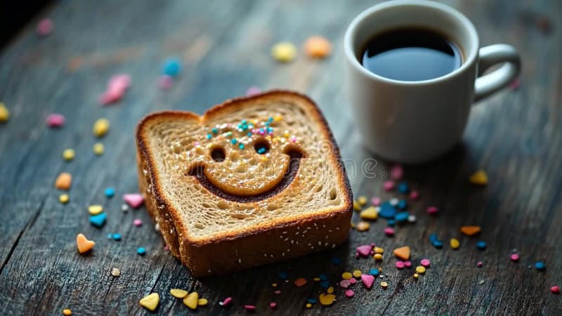 A Cheerful Slice of Toast with a Smiley Face Sits on a Rustic Wooden ...