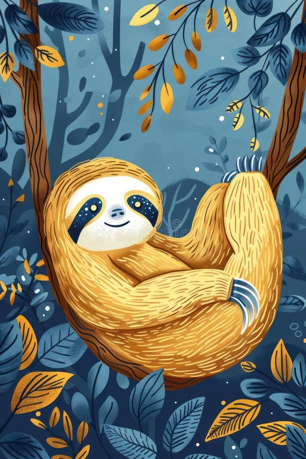 Adorable Sloth Hanging on Tree Branch, Peaceful Night Scene Stock ...