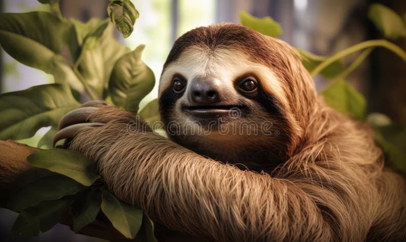 Cheerful Sloth Hanging on a Tree in a Lush Green Jungle Environment ...
