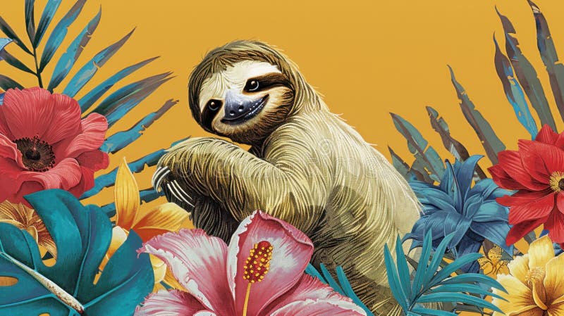 Cheerful Sloth Surrounded by Tropical Flowers on Warm Background Stock ...