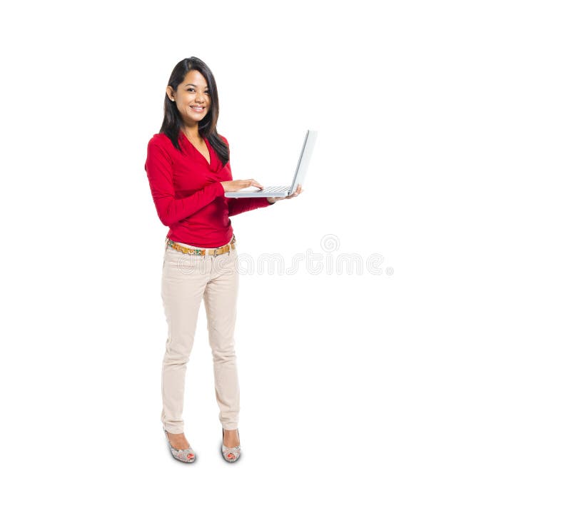 A Cheerful Smart Casual Woman Using Laptop Stock Image - Image of ...