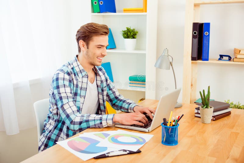 Cheerful Smart Young Guy Working on Computer and Typing Stock Image ...