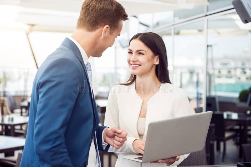 Cheerful Smiling Colleagues Talking Stock Image - Image of delighted ...