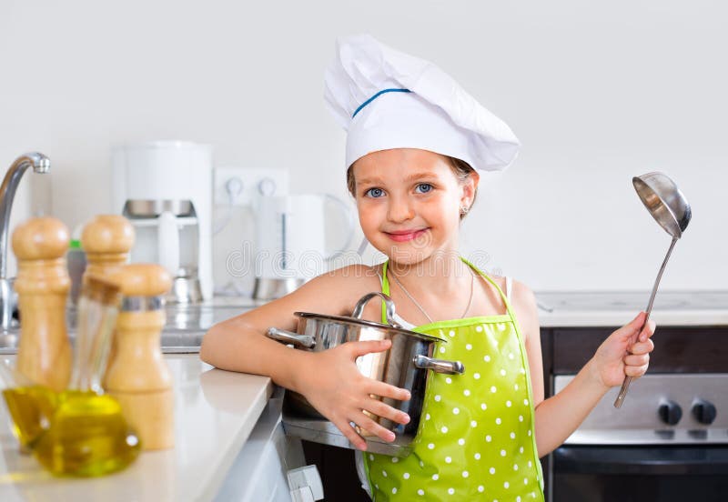 Cheerful Smiling Girl Posing with Pan Stock Photo - Image of casserole ...