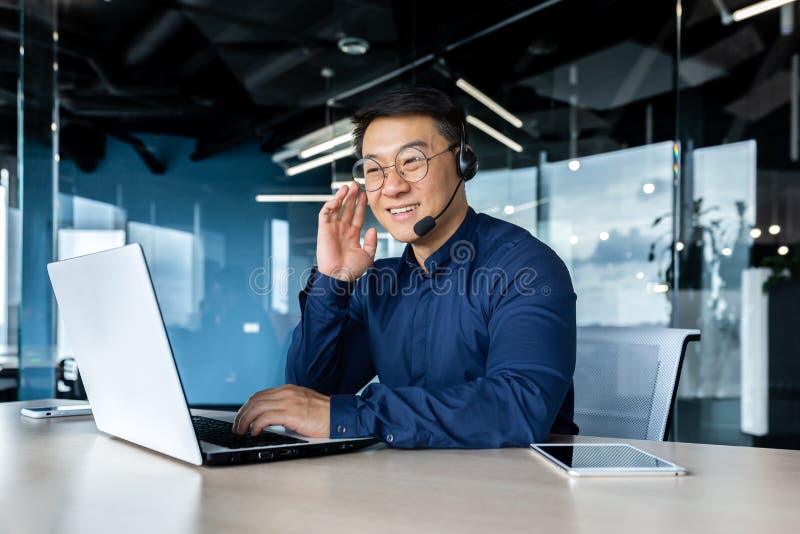 Cheerful and Smiling Office Worker with Video Call Headset, Asian ...