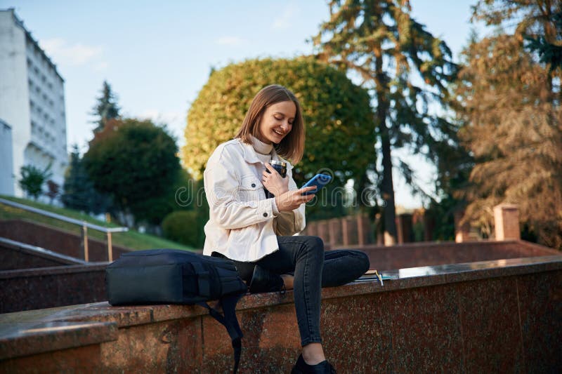 Cheerful, Smiling. Young Female Student in Casual Clothes is Outdoors ...