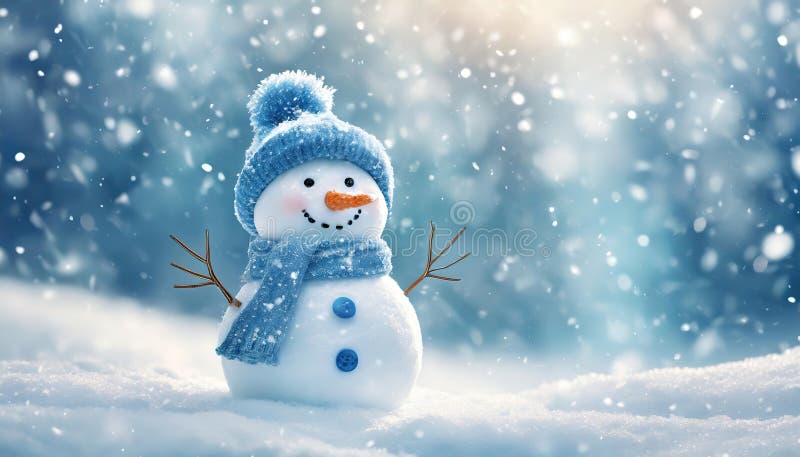 A Cheerful Snowman in a Blue Hat and Scarf, Standing in the Middle of ...